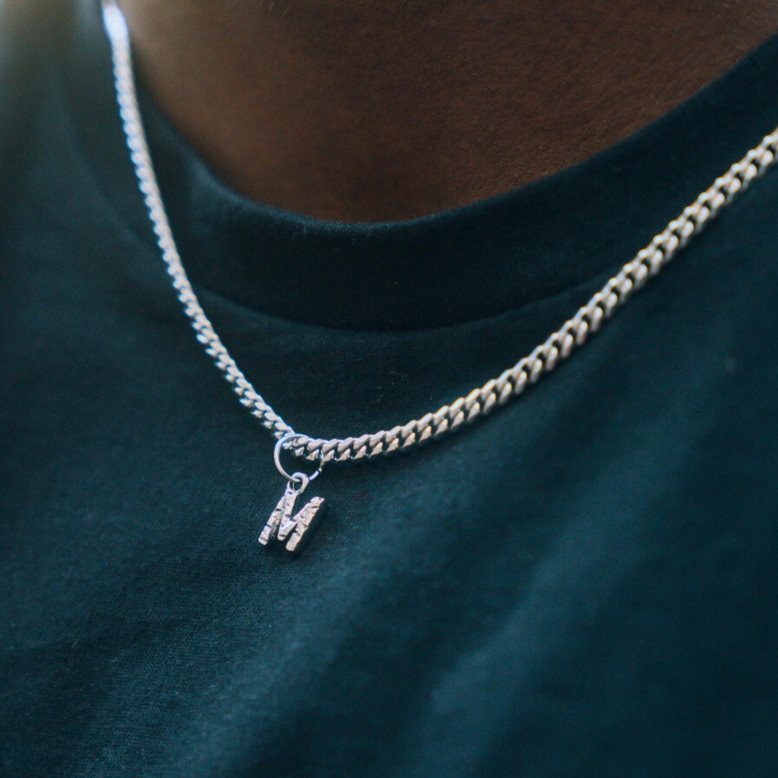 Mens Initial Necklace, Silver Curb Chain With Initial Letter Pendant ...