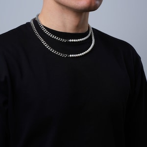 Mens Pearl Necklace - Silver Half Pearl Silver Cuban Link Chain ...