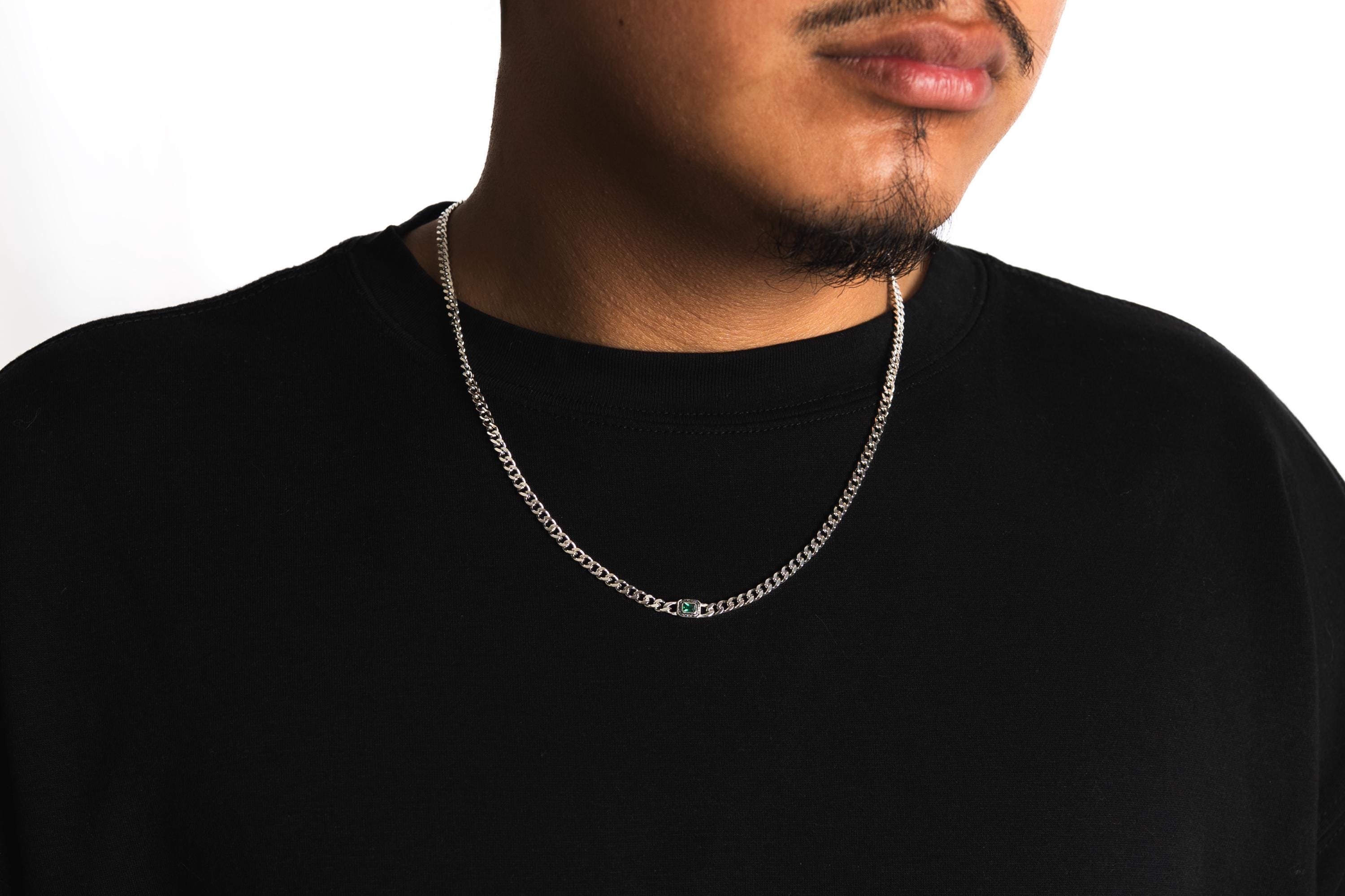 Silver Green Vintage Gem Necklace 4mm Curb Chain Necklace for Men, Mens ...