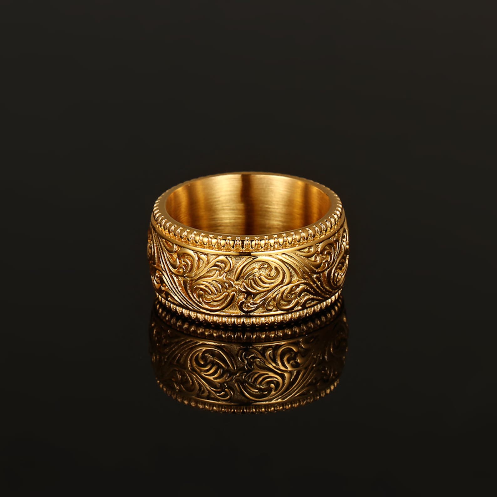 18K Gold Chunky Band Ring - Mens Ring - Large Gold Band Ring for Men ...