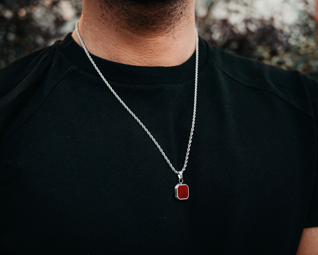 Mens Necklace, Red Onyx Pendant Necklace for Men, Silver Necklace Men ...
