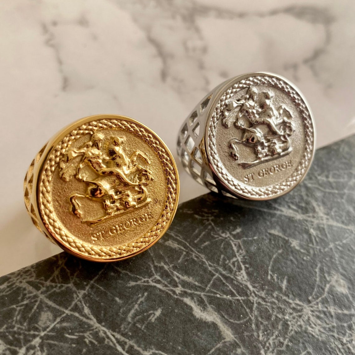 Mens Ring - Saint George Sovereign Styled Signet Ring for Men - 18K ...
