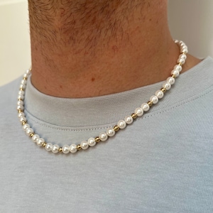 Mens Necklace - Gold Pearl Chain Necklace for Men - Mens Jewelry - 18K ...