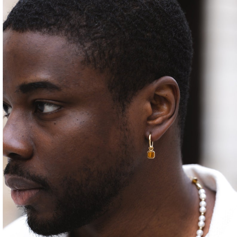 Mens Dangle Earrings - Tigers Eye Dangle Earrings for Men - 18K Gold ...