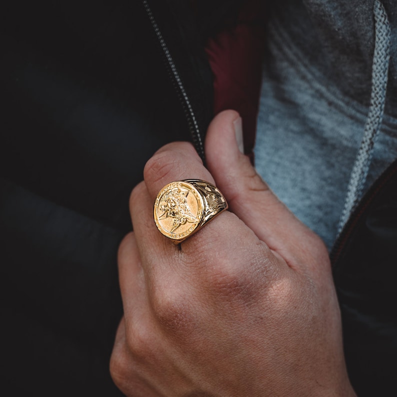 Mens Ring Gold St Michael Ring Signet Sovereign - Rings for Men, Large ...