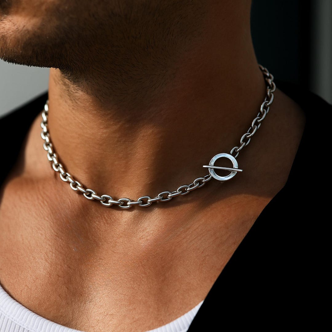 Mens Necklace - Thick Silver Link Chain for Men - Mens Silver Choker ...