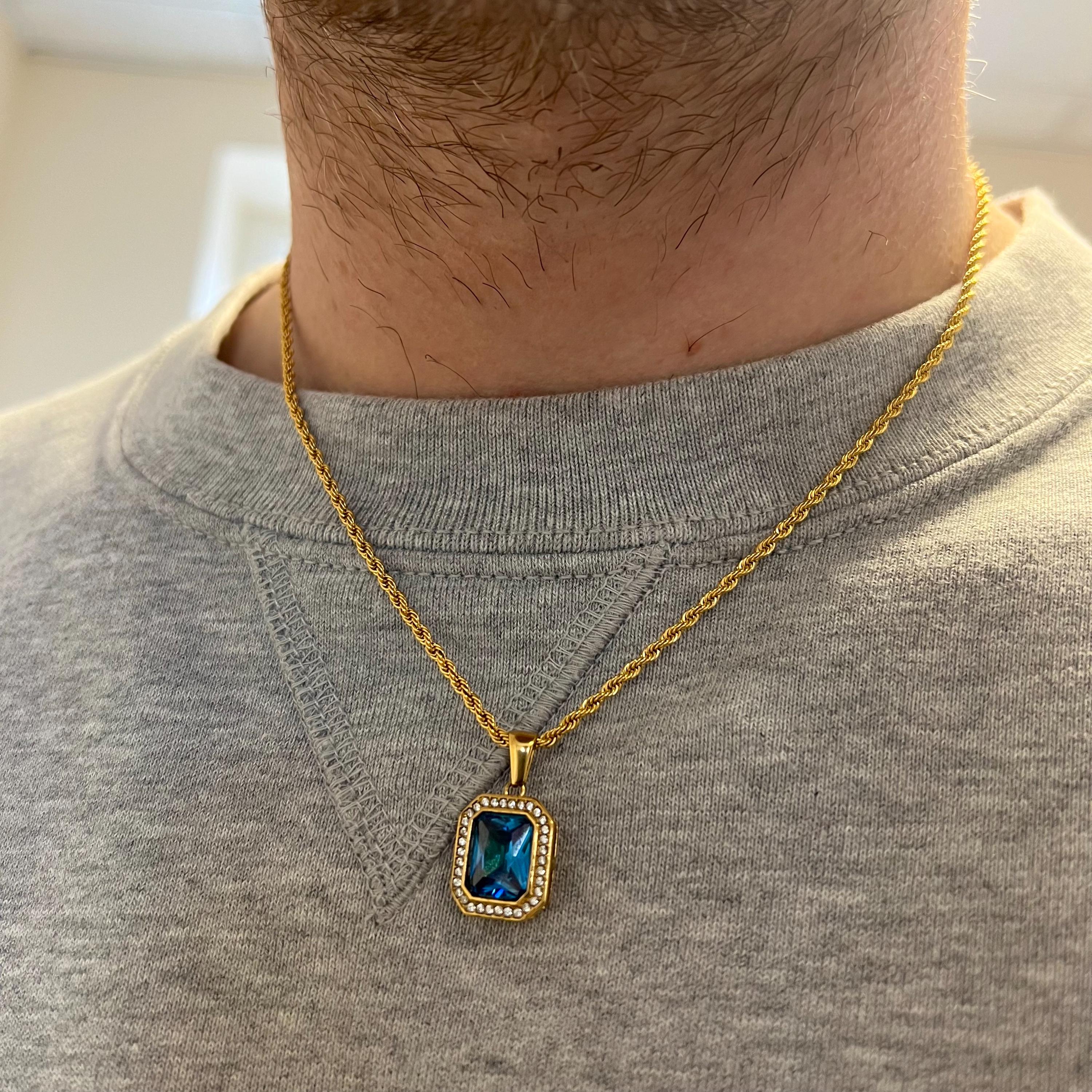 Mens Necklace - 18K Gold Blue Diamond Necklace - CZ Diamond Pendant ...