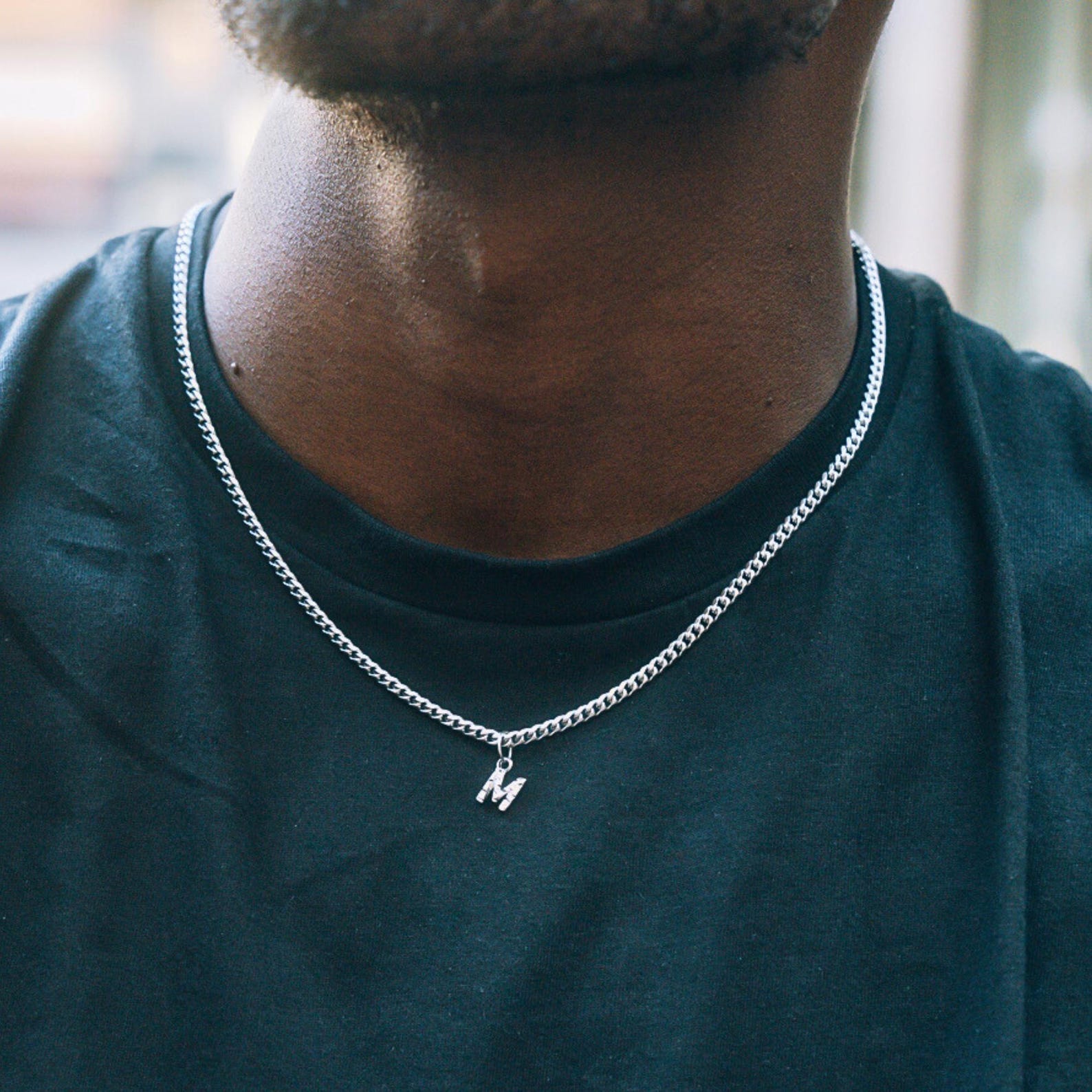 Mens Initial Necklace, Silver Curb Chain With Initial Letter Pendant ...