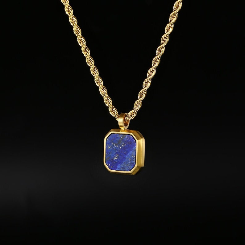 Mens Gold Necklace Blue Gold Pendant Necklace Lapis Lazuli Blue Square ...