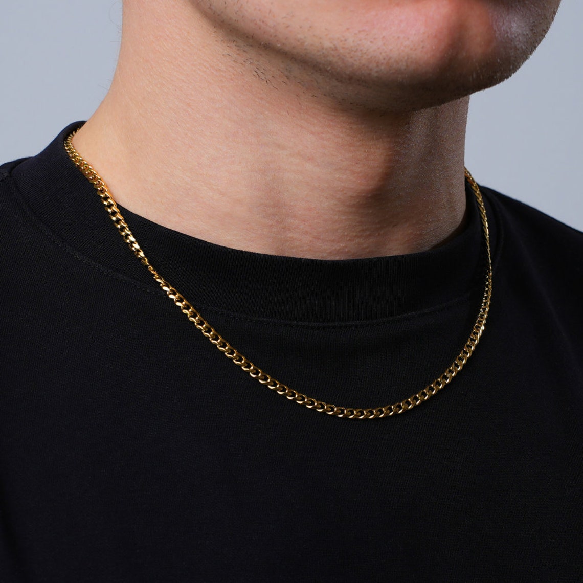 18k Gold Mens Necklace Chain, 4mm Gold Cuban Link Chain for Men - Mens ...