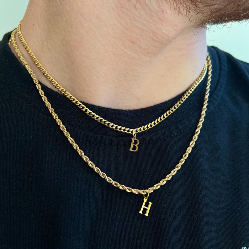 Initial Necklace for Men - 18K Gold Initial Chain Pendant - Rope ...