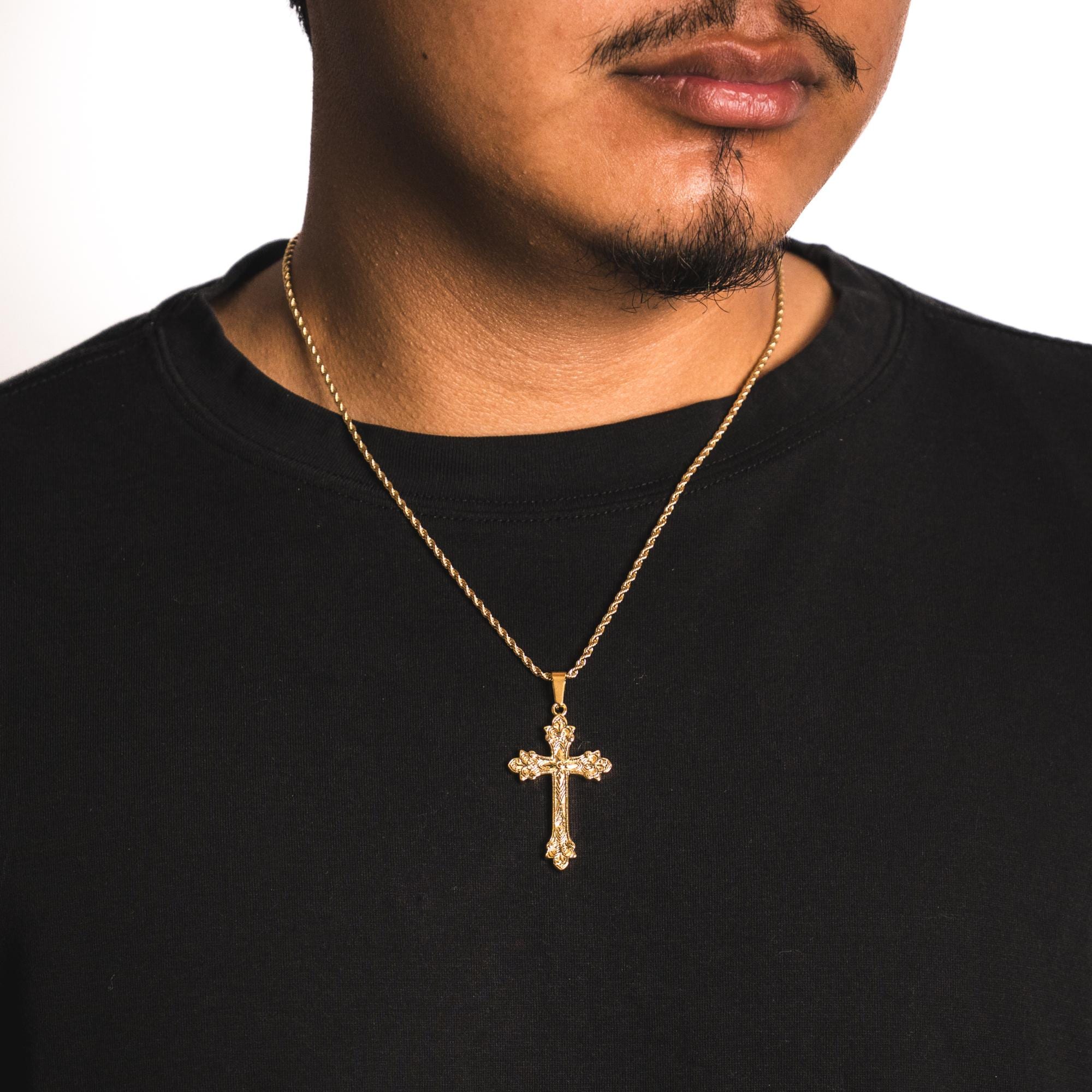 18K Gold Cross Necklace Pendant for Men - Vintage Styled Crucifix Cross ...