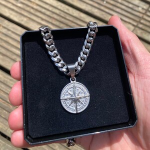 Mens Necklace, Silver Compass Pendant Men, Silver Chain Round Compass ...