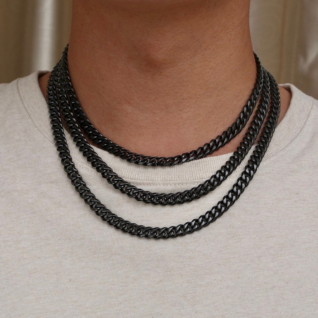 Black Necklace Chain Choker Cuban Curb 8mm Black IP Plated Stainless ...