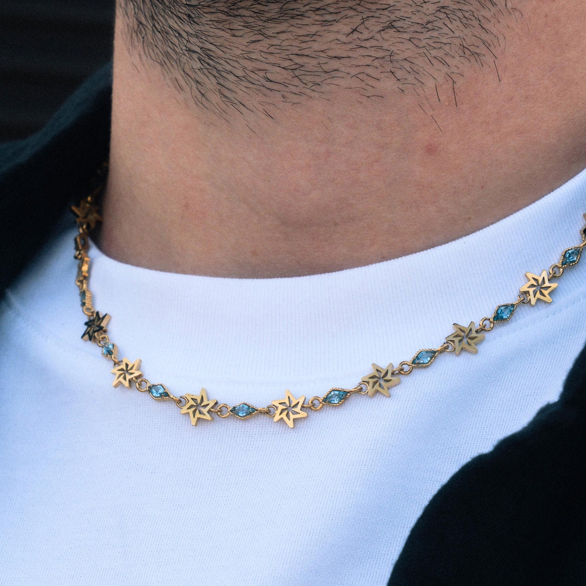 Mens Necklace Gold Aquamarine Gemstone Chain Necklace for Men, Mens ...