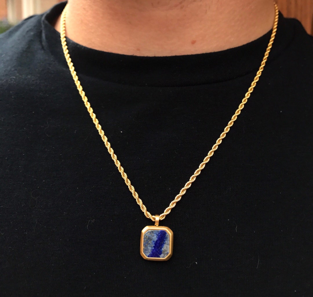 Mens Gold Necklace Blue Gold Pendant Necklace Lapis Lazuli Blue Square ...