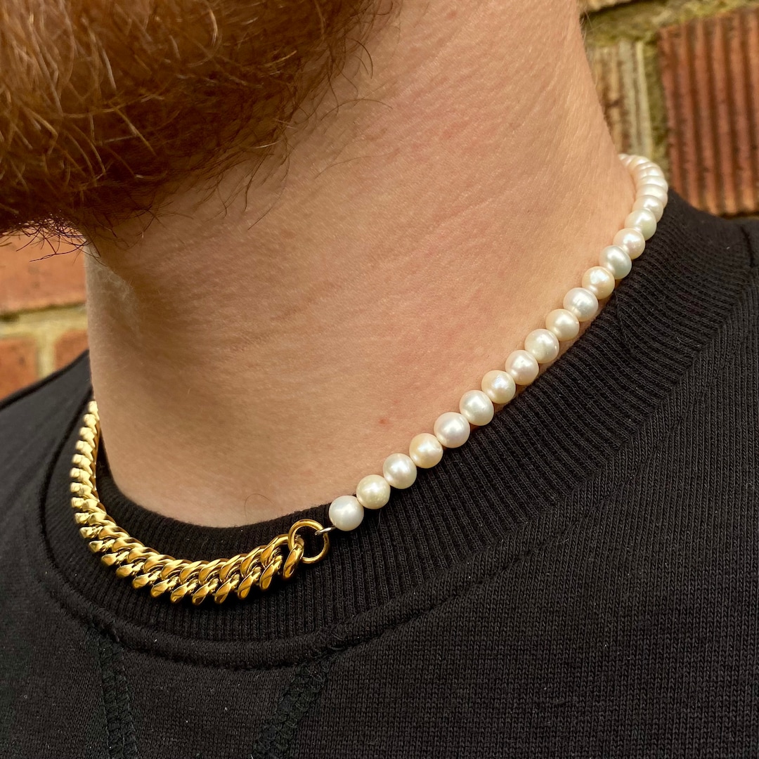 Mens Pearl and Gold Necklace, Mens Necklace, Gold Chain Man, Shell ...