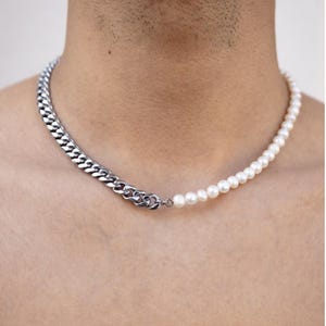 Mens Pearl Necklace - Silver Half Pearl Silver Cuban Link Chain ...
