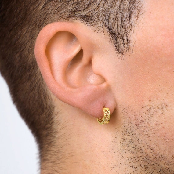 Mens Earring Gold Plated Hoop Earrings for Men Small Huggie Earring Gold Patterned Earring Mens Hoop Earring by Twistedpendant Etsy