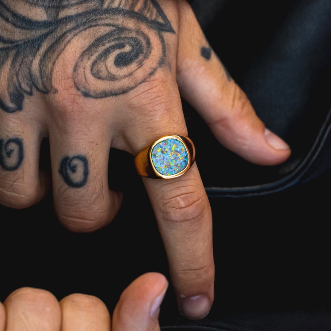 Mens Ring - Large Opal Gold Ring - Signet Ring Mens - 18K Gold Signet ...