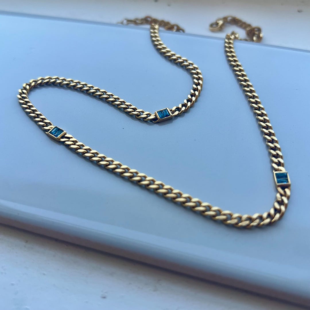 Mens Necklace - Gold Sapphire Blue Necklace for Men - Mens Gold Curb ...