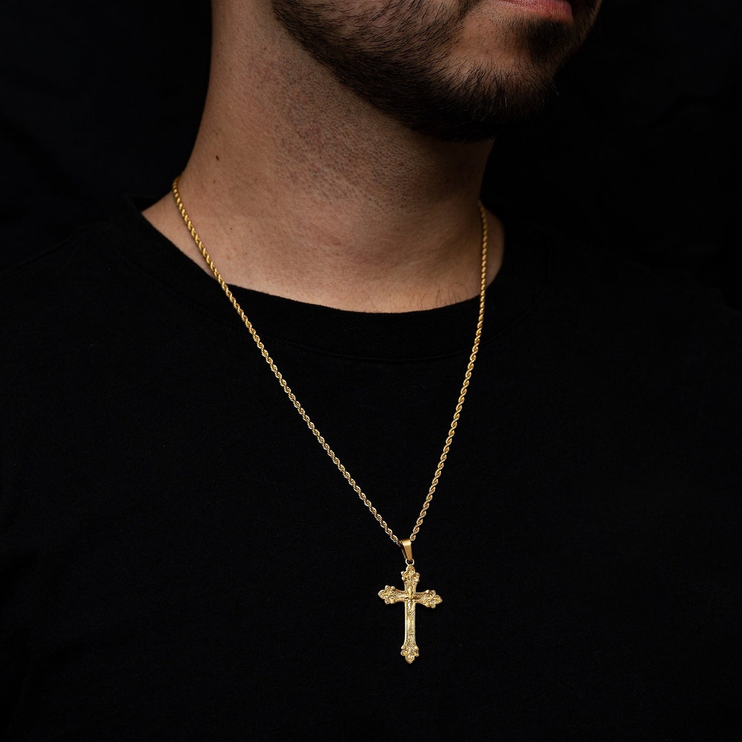 18K Gold Cross Necklace - Gold Cross Chain Pendant - Mens Gold Necklace ...
