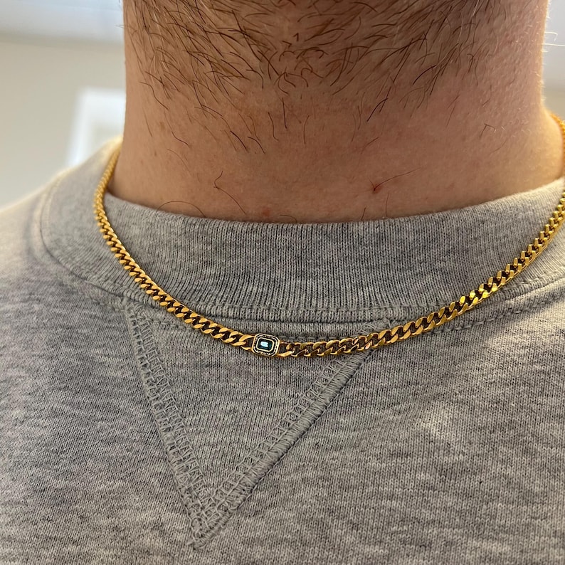 18K Gold Chain Necklace, Blue Vintage Gem Necklace 4mm Gold Curb Chain ...