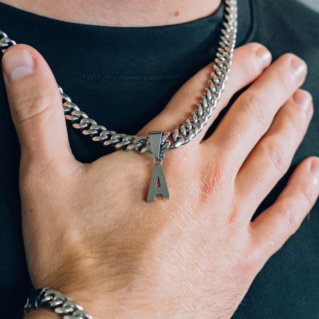 Thick Silver Initial Chain Necklace - Mens Chunky Initial Necklace ...