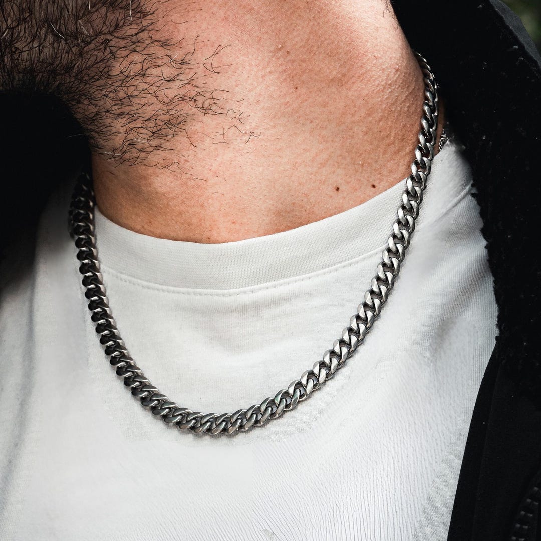 Mens Chain, Silver Matte Curb Chain Mens, 8MM Chunky Stainless Steel ...