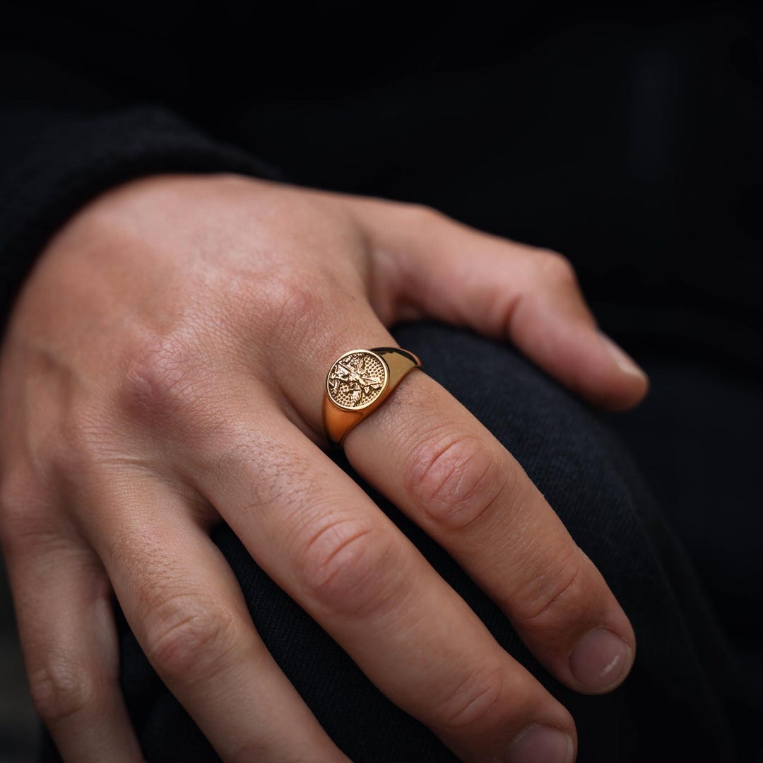 St Michael Ring - Mens Ring - Round Gold Signet Ring for Men - Mens ...