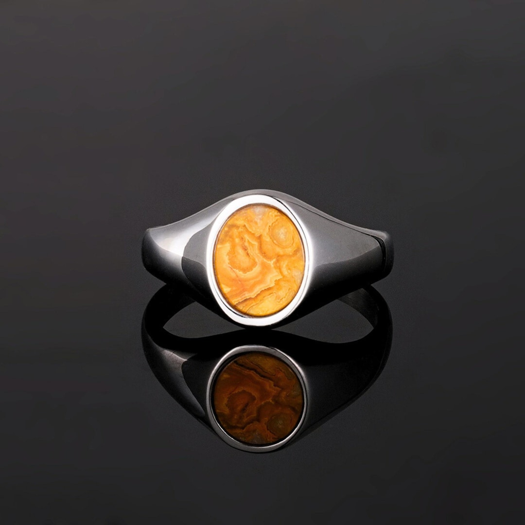 Silver Oval Signet Ring - Crazy Lace Onyx Agate Ring for Men - Mens ...