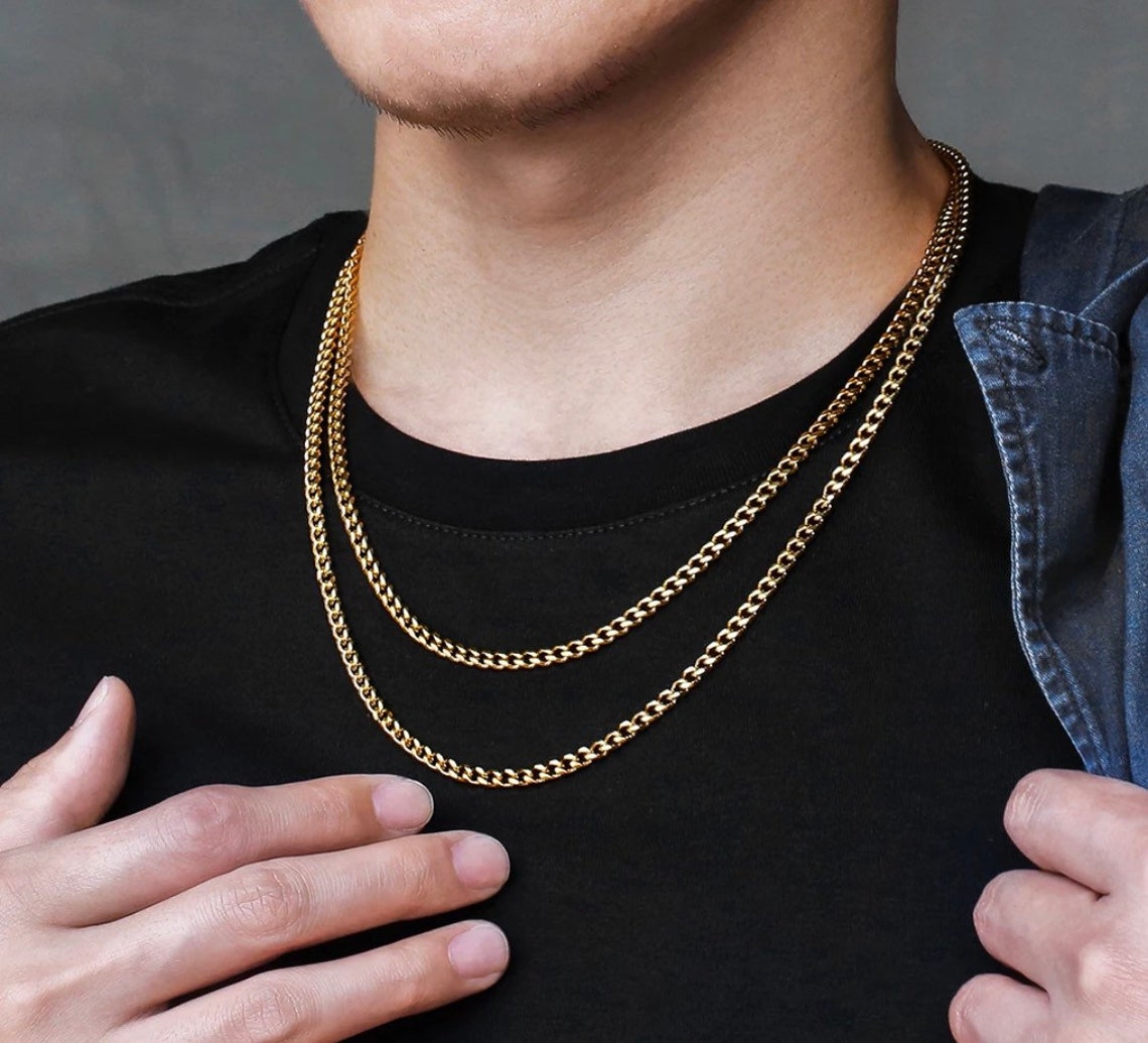 18k Gold Mens Necklace Chain, 4mm Gold Cuban Link Chain for Men - Mens ...