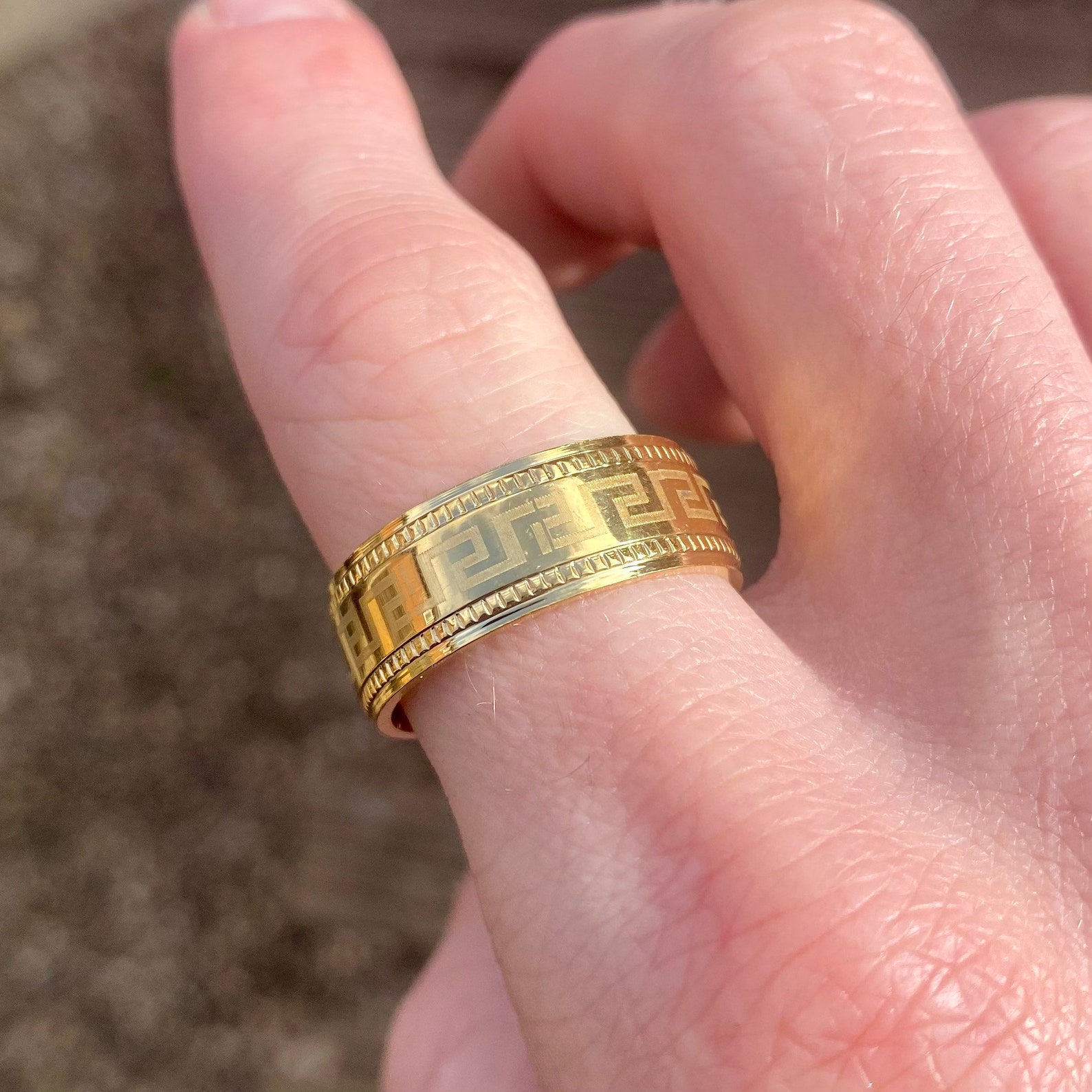 Greek Key Pattern Mens Ring, Silver Polished Band Ring, Mens Pinky Ring ...