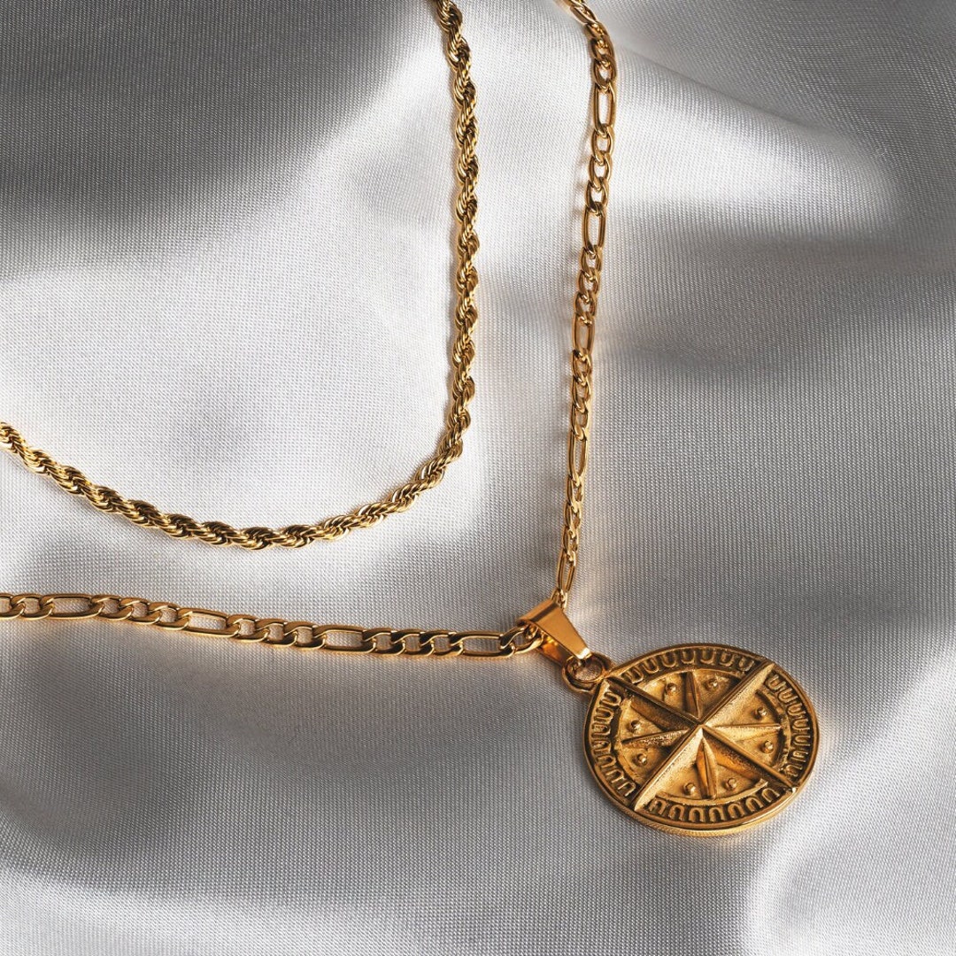 Gold Compass Mens Necklace - 18K Gold Pendant Necklace for Men - North ...