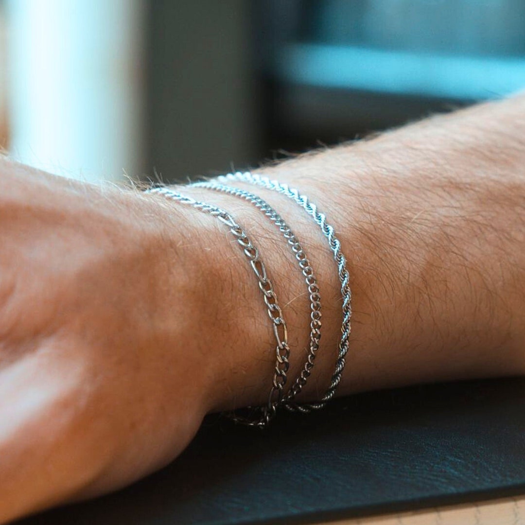 Mens Bracelet Rope Chain, Thin Mens Silver Bracelet Link, Boys Silver ...