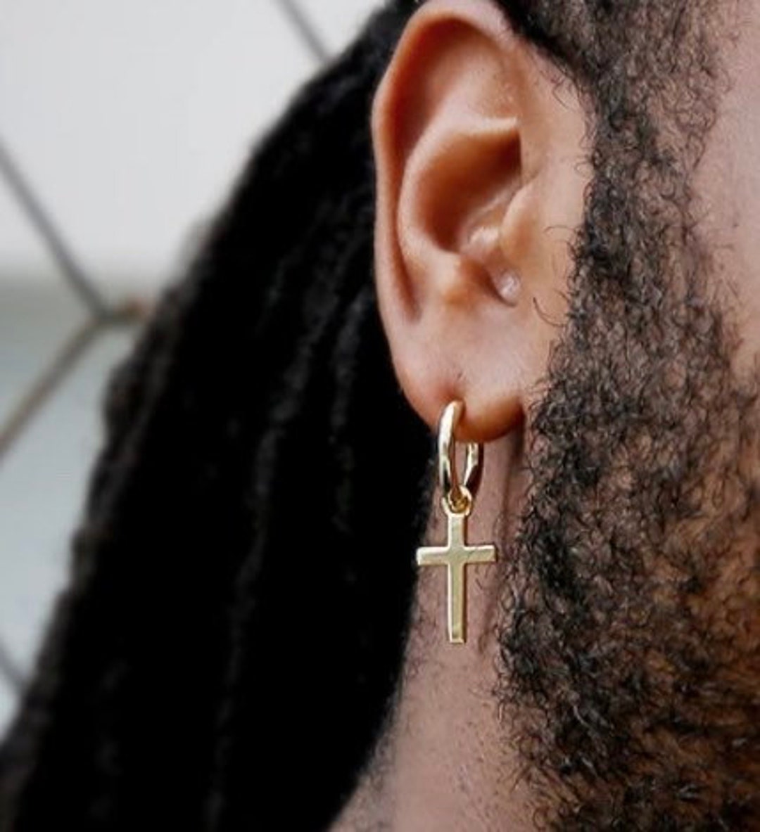 18K Gold Cross Dangle Earrings - Drop Cross Hoop Earrings - Mens ...