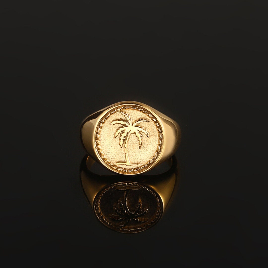 Mens Ring - 18K Gold Signet Ring - Palm Tree Ring - Gold Signet Ring ...