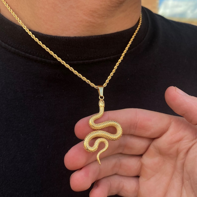 18K Gold Necklace Gold Snake Pendant Necklace Mens Chain - Etsy UK
