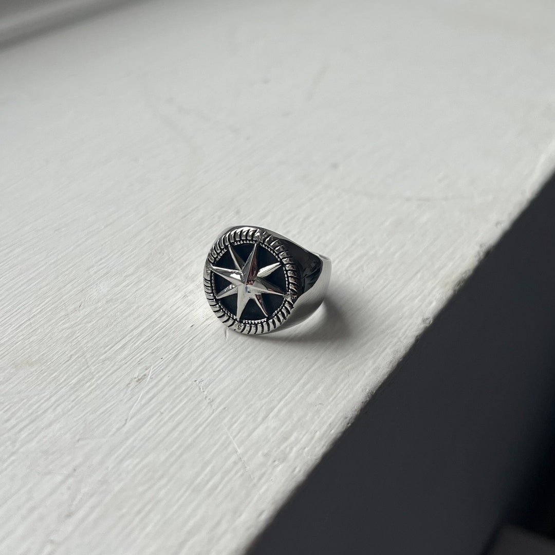 Mens Ring - Silver Signet Ring - Vintage Styled Compass Signet Ring Men - Mens Signet Ring ...