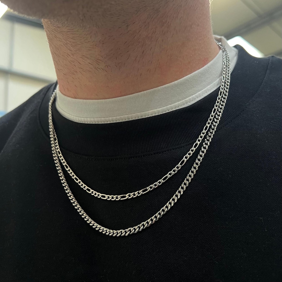 Mens Silver Chain - Thin 3mm Silver Cuban / Figaro Chain Necklace Stack ...