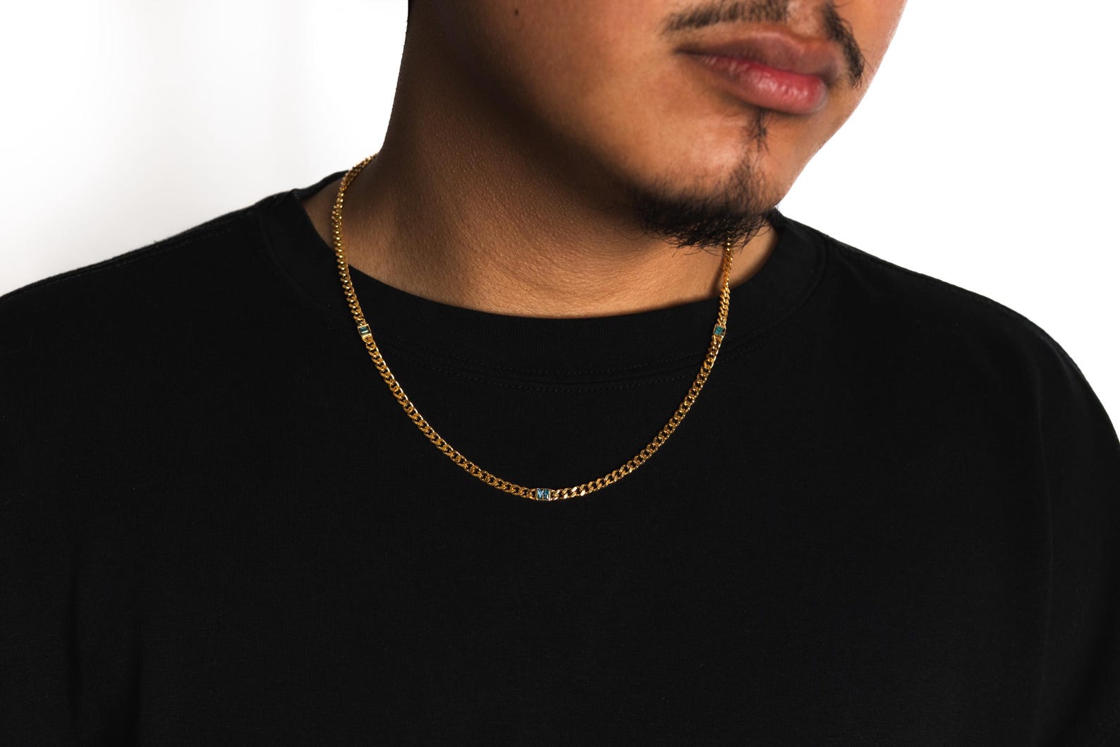 Mens Necklace - Gold Sapphire Blue Necklace for Men - Mens Gold Curb ...