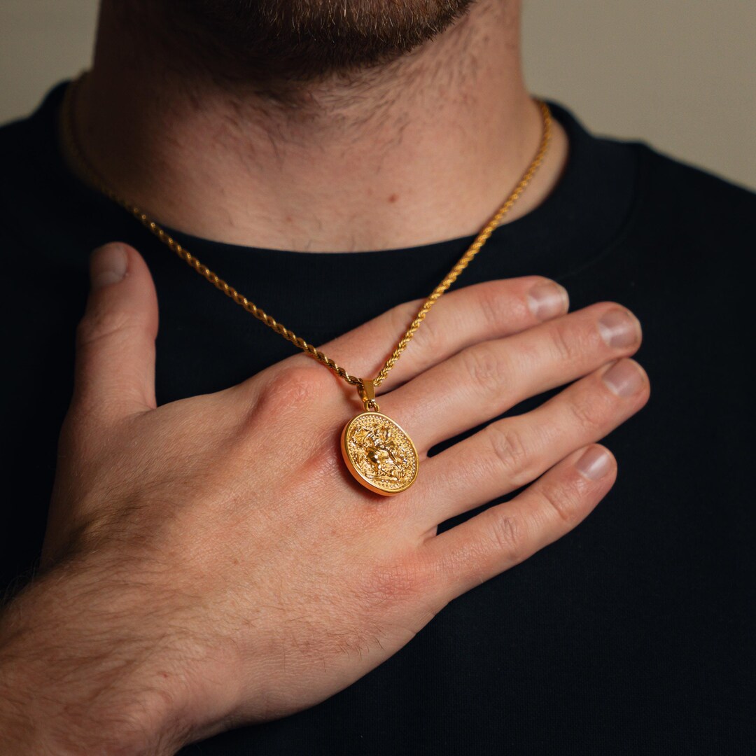 Mens Necklace - 18K Gold Saint George Pendant Necklace - Round Gold ...