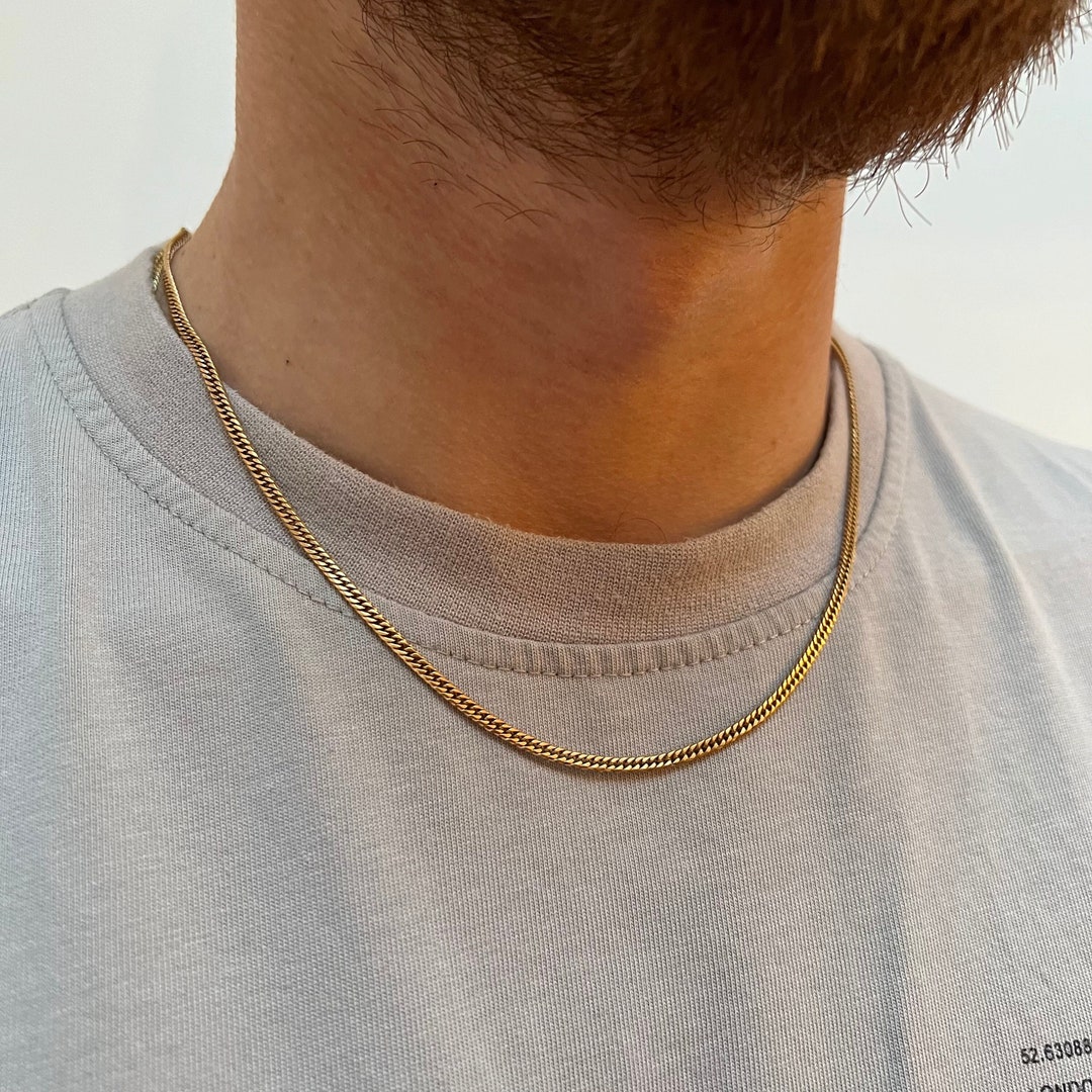 Mens Necklace - Thin Gold Chain - Gold Flat Curb Link Chain - Mens Gold ...