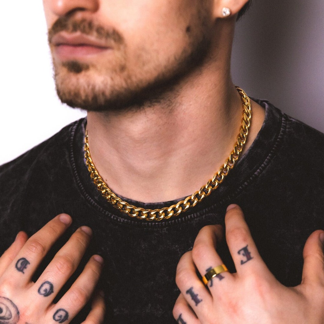 18K Gold Chain Necklace, Mens Gold Curb Chain, Gold Chains - 10mm Thick ...
