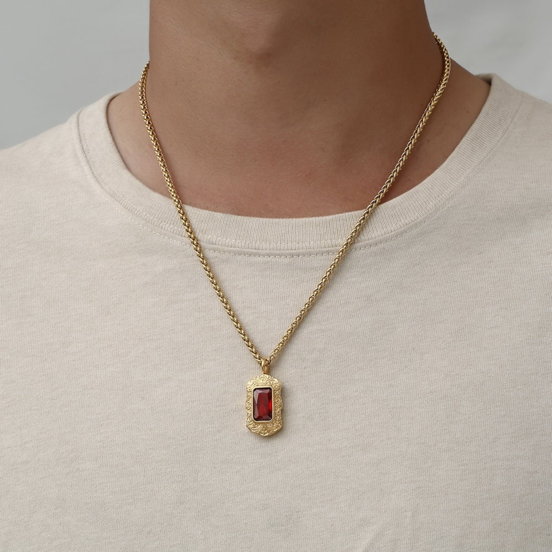 Mens Necklace - 18K Gold Large Red Pendant Necklace for Men - Mens ...