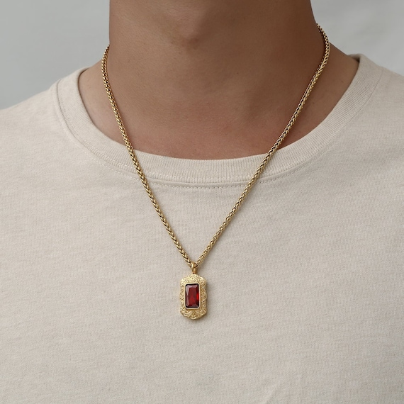 Mens Necklace 18K Gold Large Red Pendant Necklace for Men Mens Jewellery Red Diamond Necklace Mens Gold Pendant by Twistedpendant Etsy