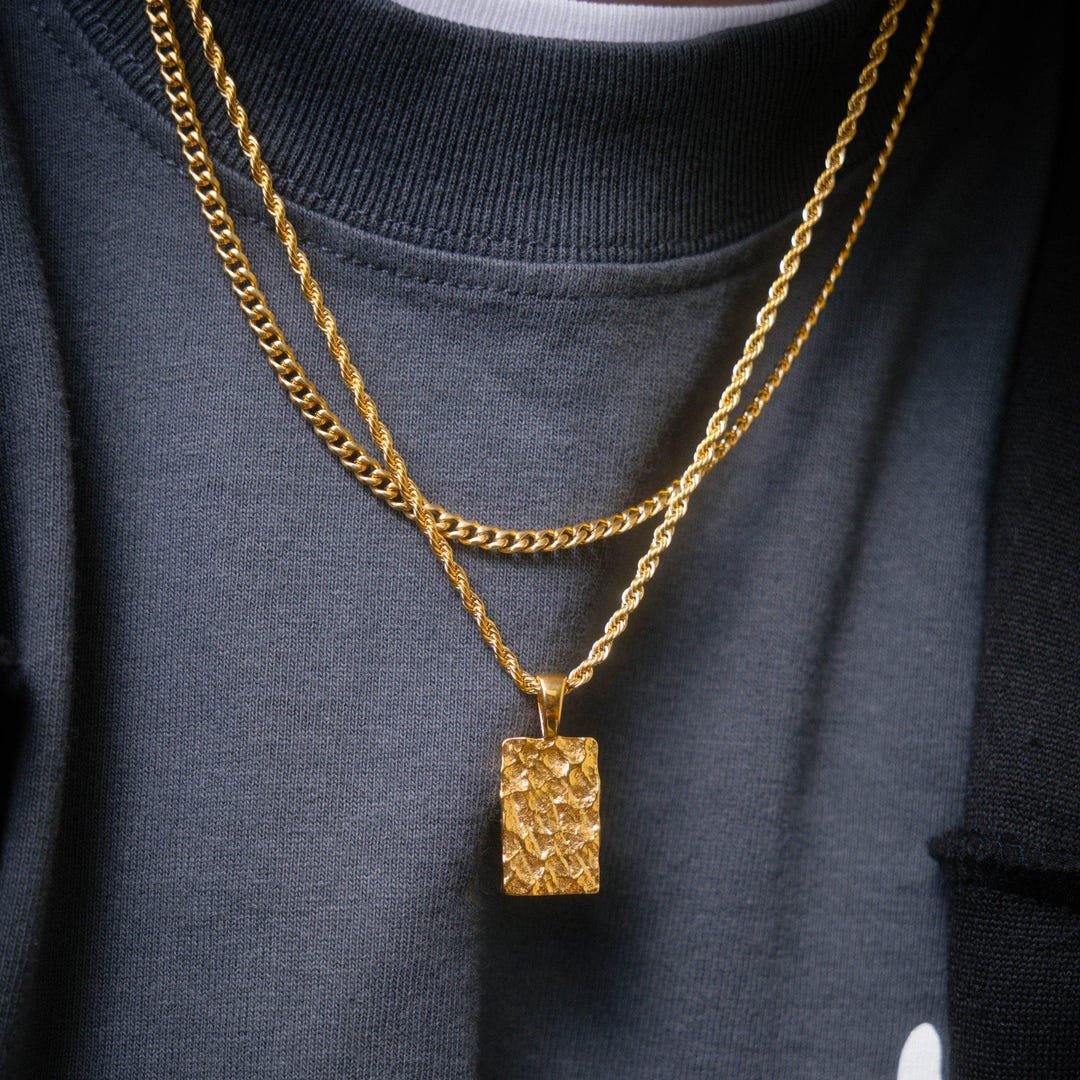 Mens Necklace - 18K Gold Rectangular Hammered Pendant for Men - Mens ...