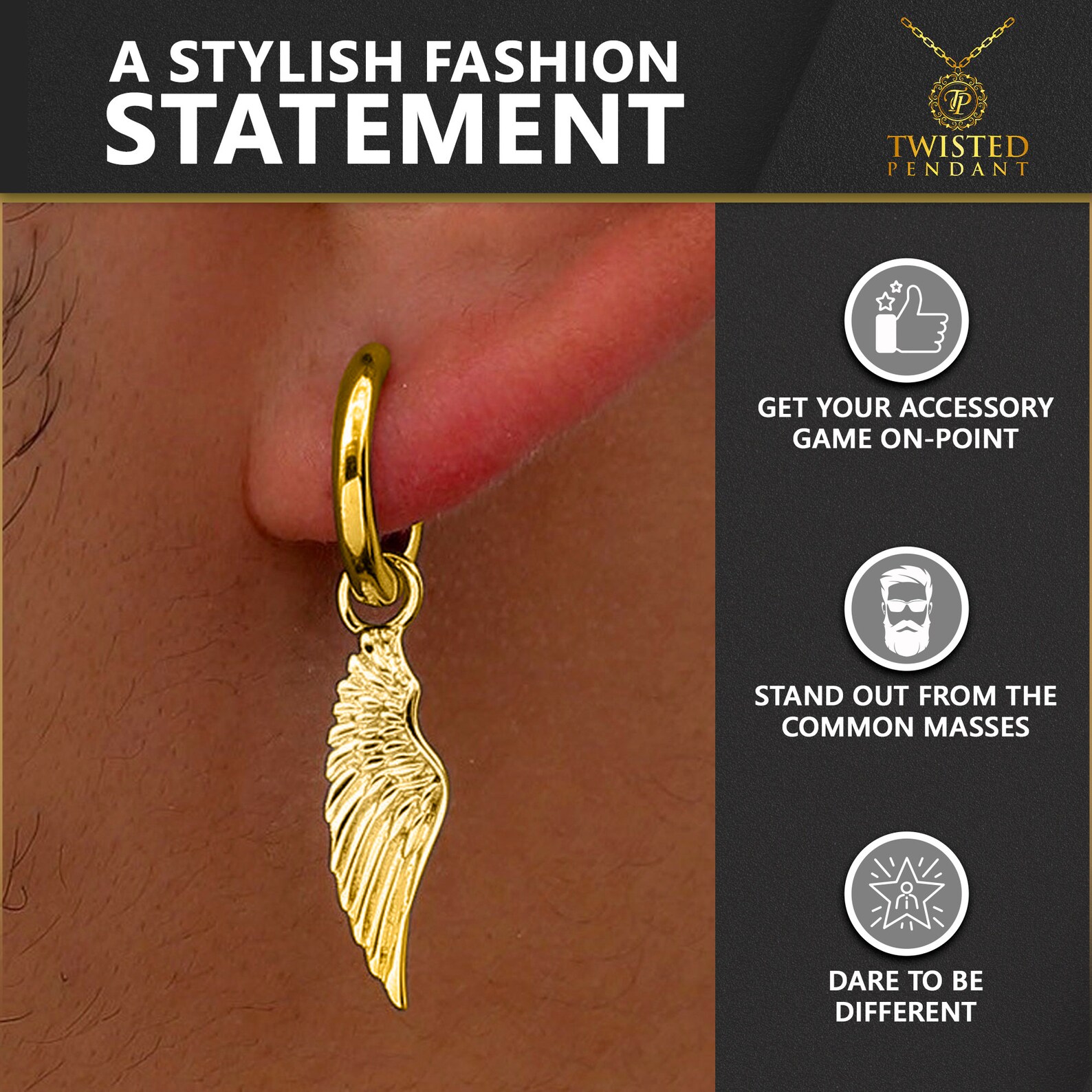Mens Earrings - Mens Dangle Earrings - 18K Gold Earrings Men - Angel ...