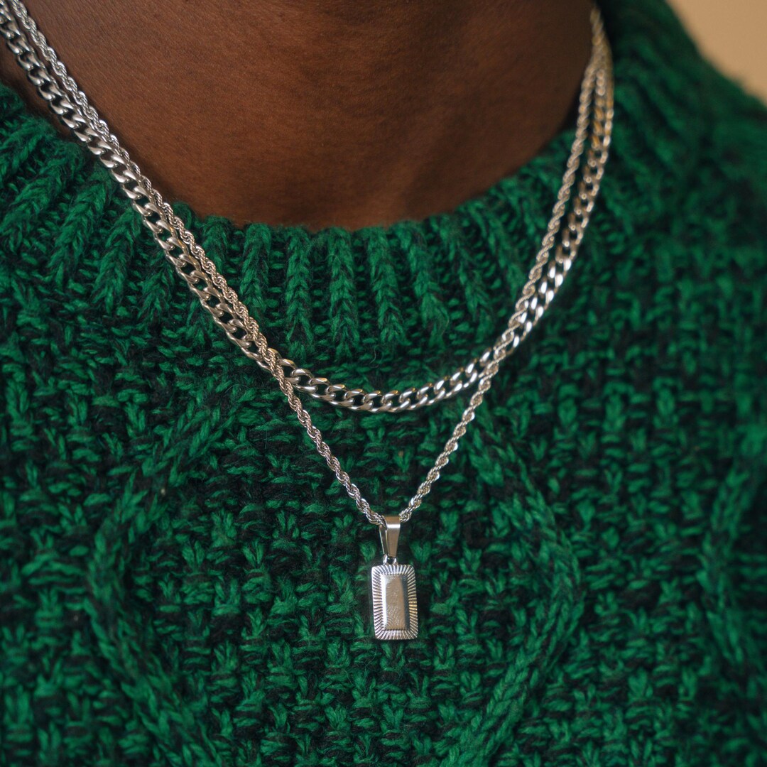 Silver Rectangle Pendant Necklace - Mens Necklace - Minimal Silver ...