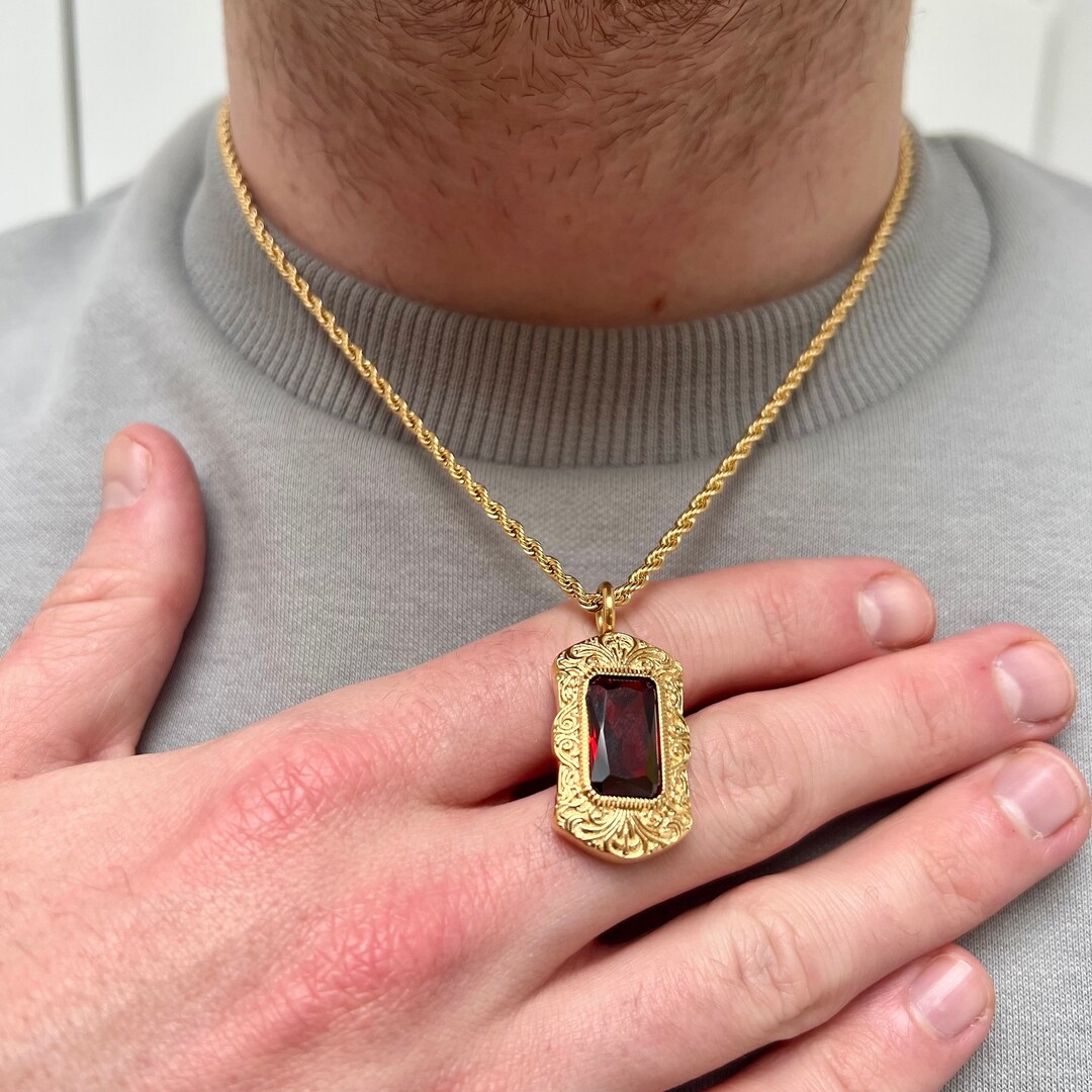 18K Gold Red Diamond Pendant Necklace - Mens Gold Necklace - Large Gold ...